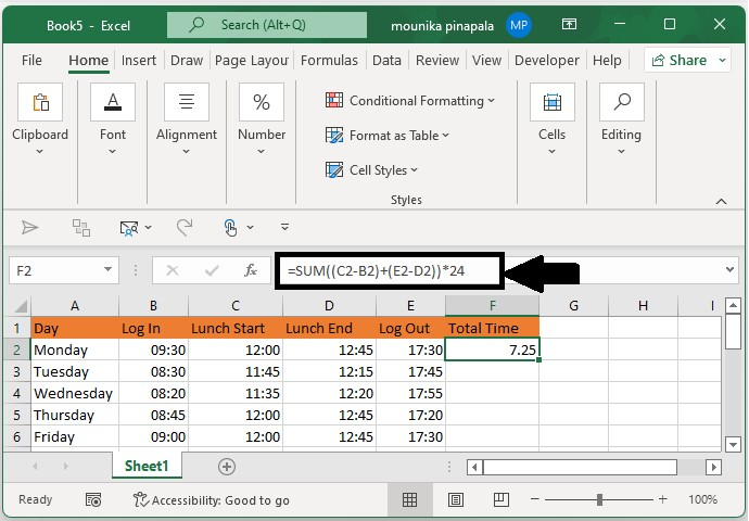 Excel 如何计算工作时间和减去午餐时间|极客教程